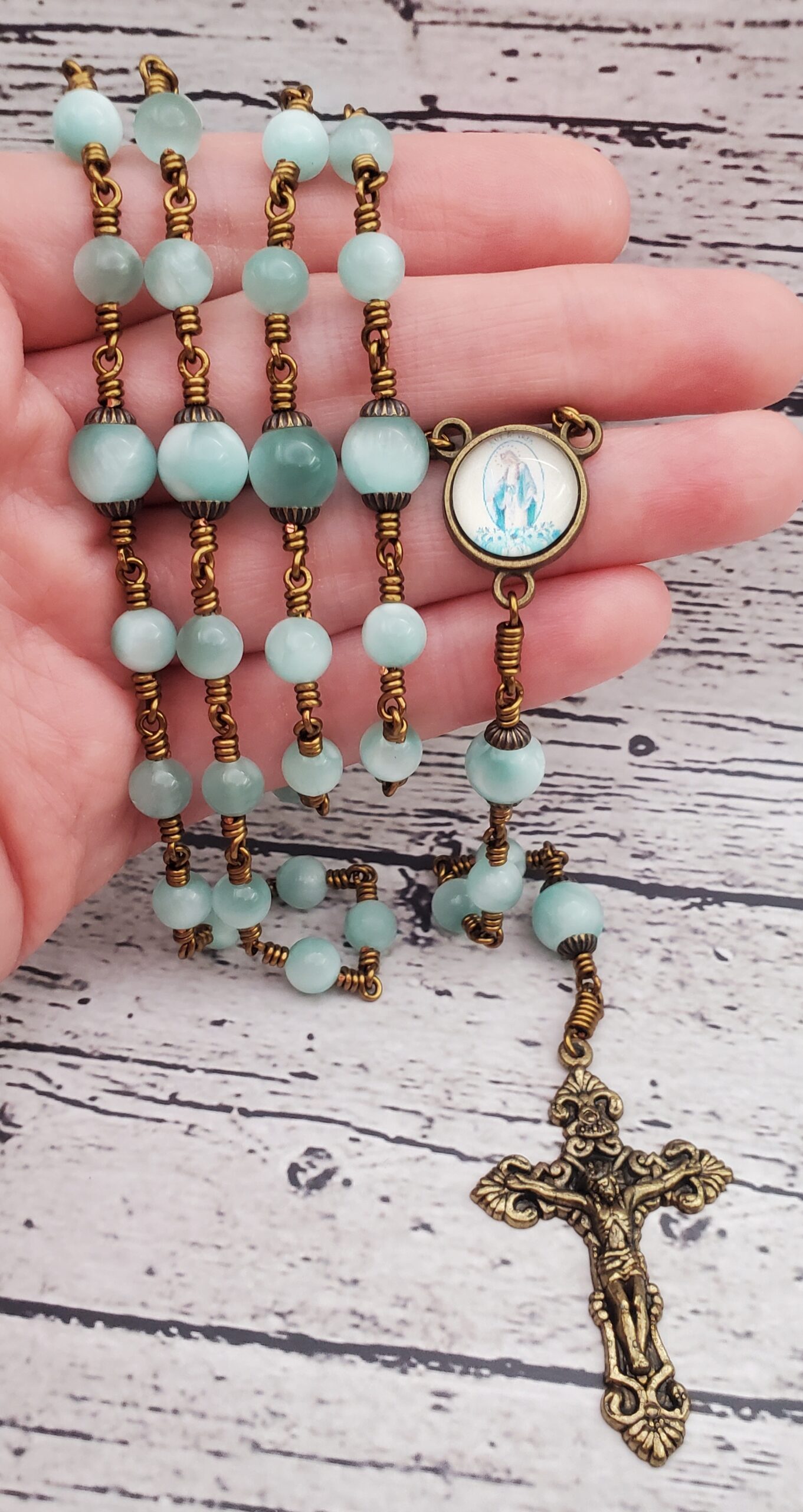 Heirloom Rosary – Bronze/Green Moonstone – Deo Gratias Rosaries ...